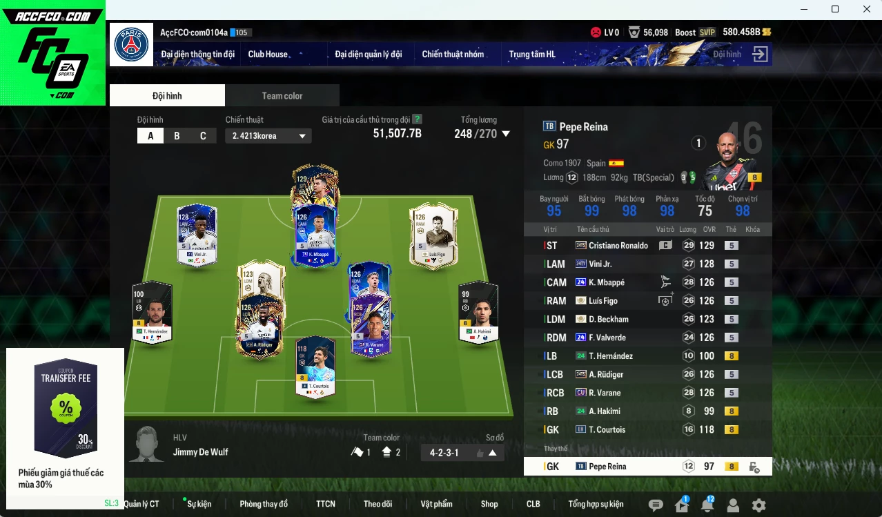 Acc #84074: Real Madrid 51.500b có CR7 TS24, Rudiger TS24, Beckham ICON, Figo ICON, Varane CU ...